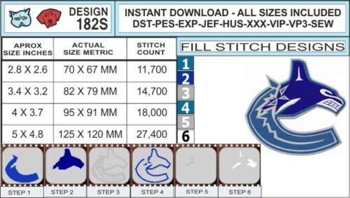 Vancouver Canucks Embroidery Design ⋆ 4 sizes ⋆ Blu Cat Red Dog