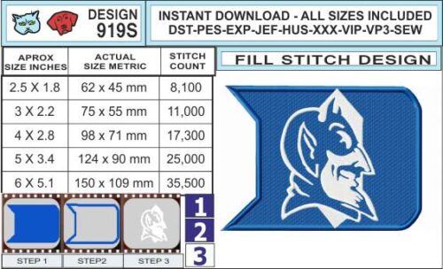 Blue Devil Embroidery Design ⋆ 5 sizes Duke U Logo ⋆ Blu Cat Red Dog