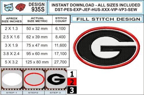 Georgia Bulldogs Embroidery Logo Set ⋆ 19 sizes ⋆ Blu Cat Red Dog